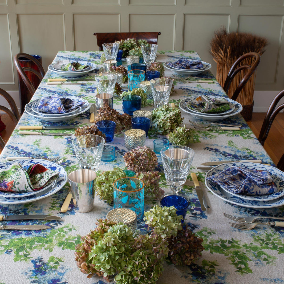 Organic Linen Tablecloth in Blue and Green Wisteria Print – Sophie ...